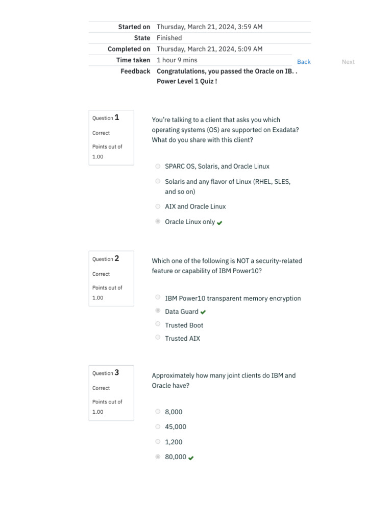 Oracle On IBM Power Level 1 Quiz - Attempt Review | PDF | Oracle Corporation | Oracle Database