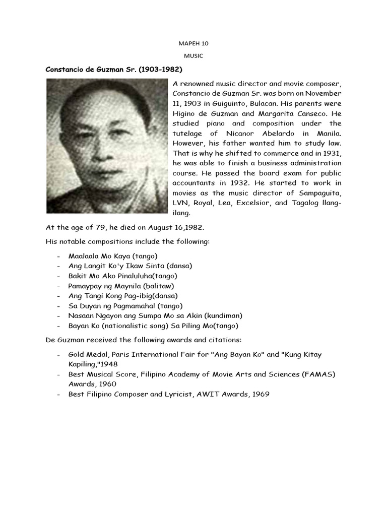 Constancio de Guzman Sr. (1903-1982) : Mapeh 10 Music | PDF | Non Communicable Disease | Pandemic