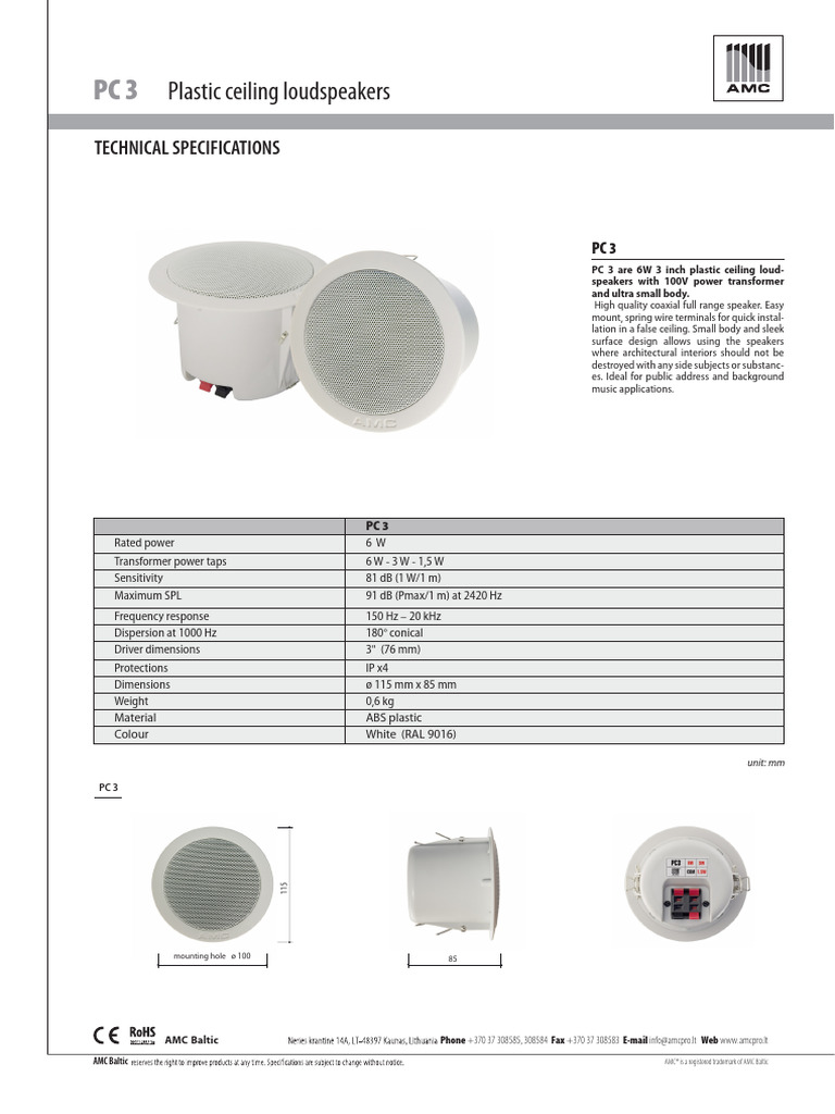 PC3 AMC Technical - Specification | PDF | Loudspeaker | Hearing