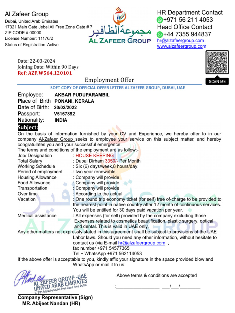 MR Akbar Puduparambil Offfer Letter Azg | PDF | United Arab Emirates ...
