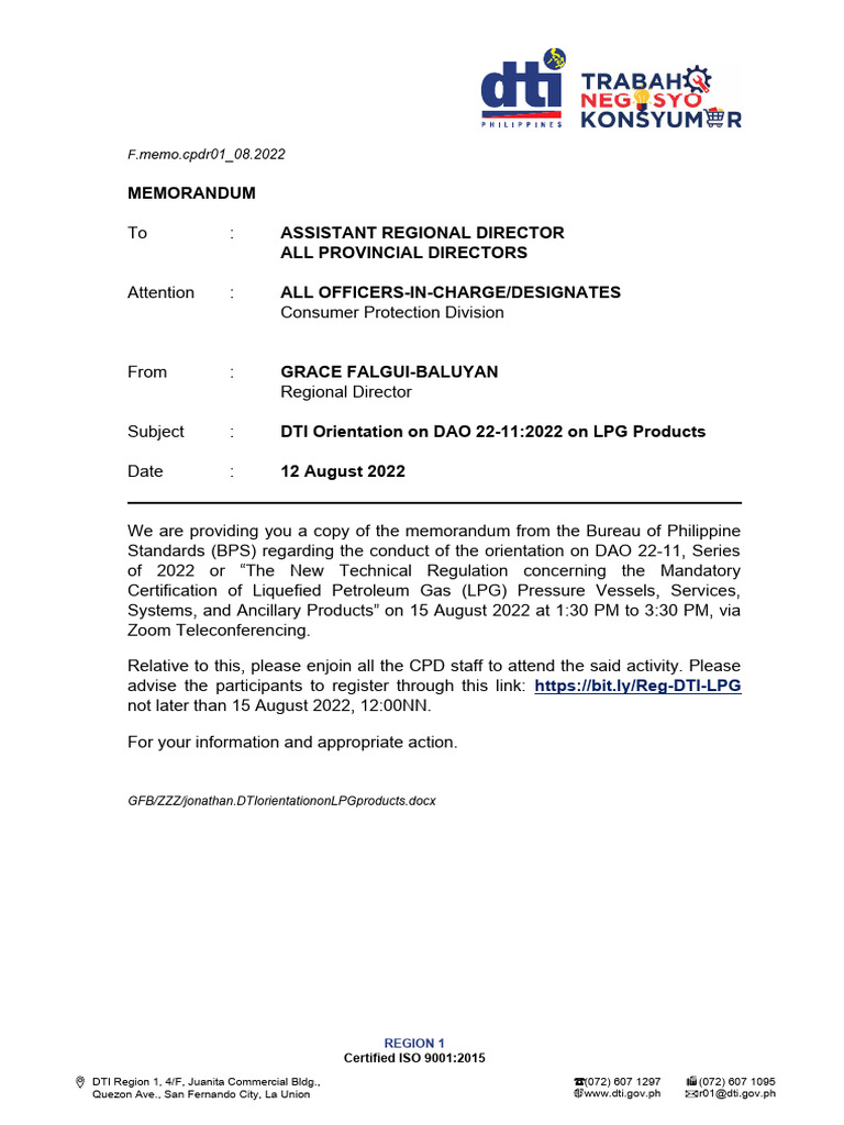 Memo - DTI Orientation On LPG Products | PDF