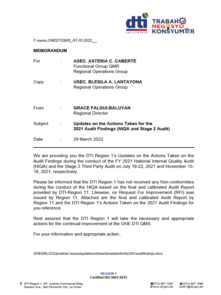 Memo - Updates On Actions Taken On The 2021 Audit Findings | PDF Memo - Updates On Actions Taken On The 2021 Audit Findings | PDF
