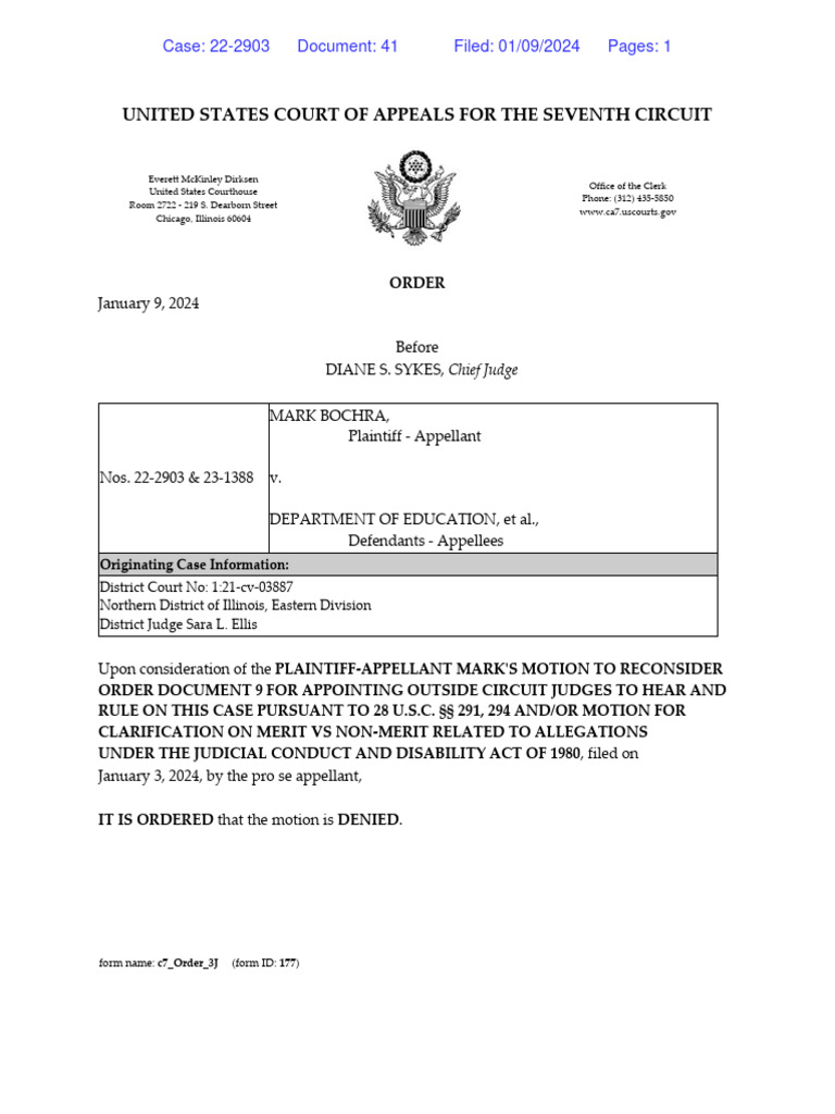 Chief Judge Diane Sykes Order in Bochra v. U.S. Department of Education ...