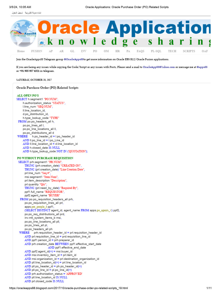 Oracle Applications - Oracle Purchase Order (PO) Related Scripts | PDF | Supply Chain Management