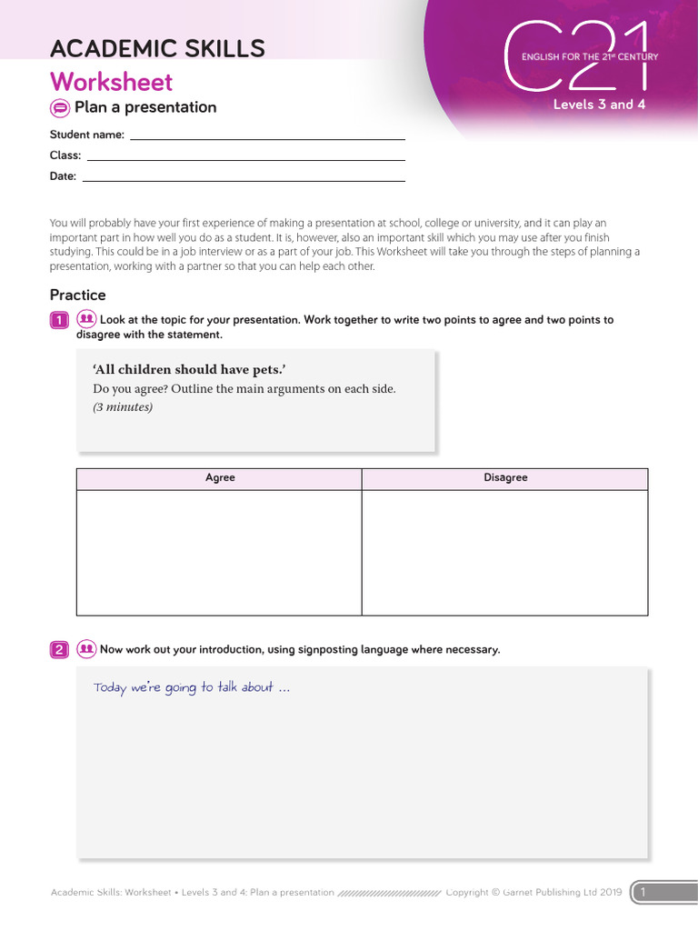 C21 L3+4 Academic Skills Worksheet Plan A Presentation | PDF | Human Communication | Cognition