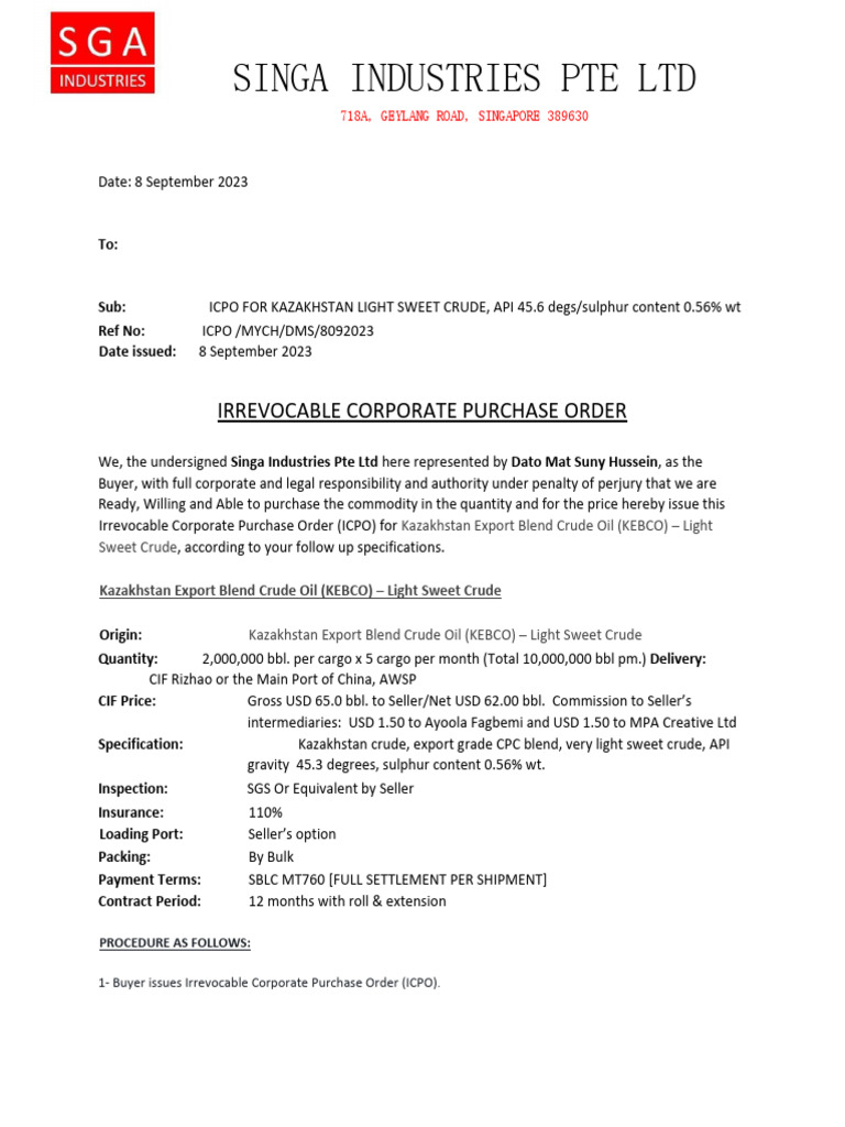 Singa Industries Pte LTD: Irrevocable Corporate Purchase Order | PDF ...