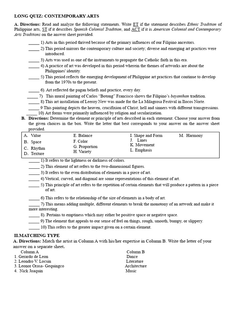 Contemporary Arts Quiz Overview | PDF | Philippines | Aesthetics