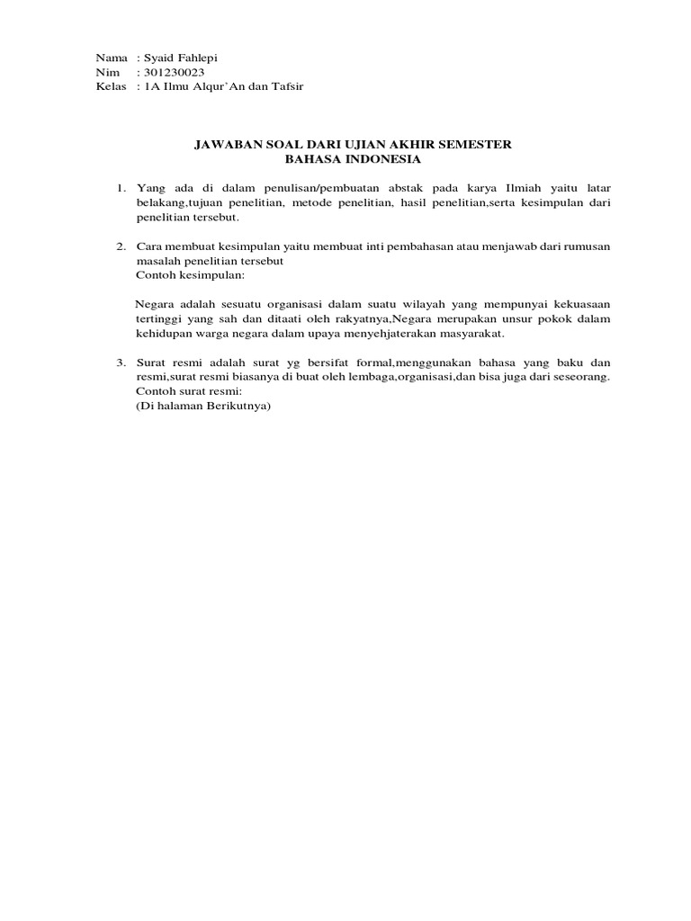 Uas Bahasa Indonesia Syaid Fahlepi 1a Iat | PDF