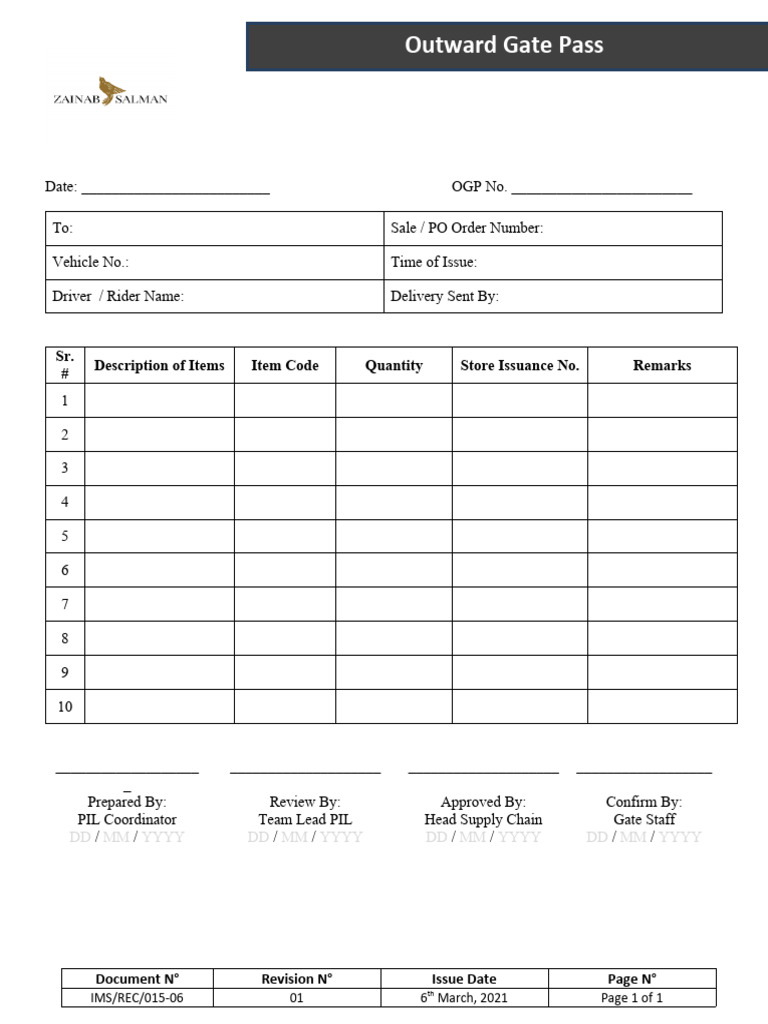 Outward Gate Pass-3 | PDF
