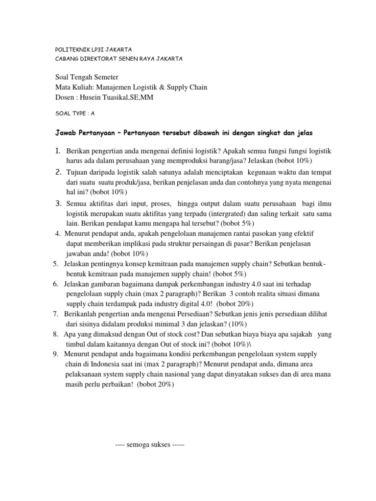 Soal UTS Type A Manajemen Logistik & Supply Chain 20224 | PDF | Bisnis