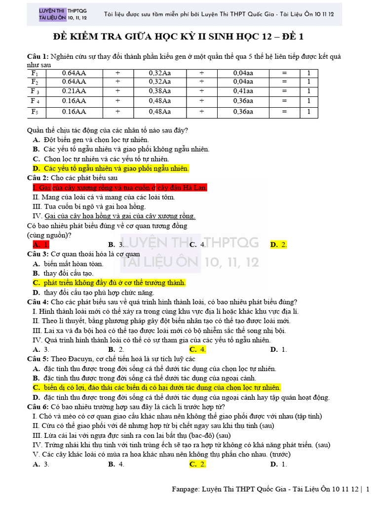 Sinh Hoc GK2 12 | PDF