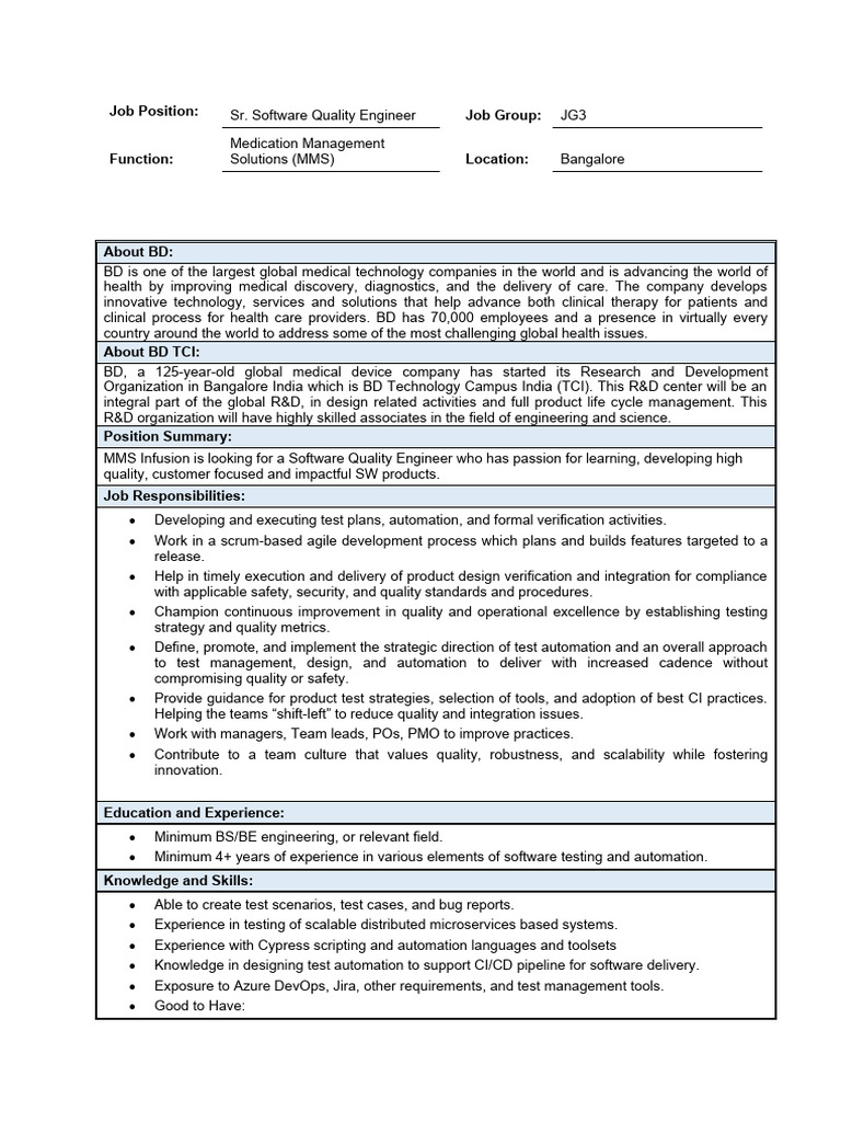 Senior Software Quality Engineer Role | PDF | Automation | Information ...