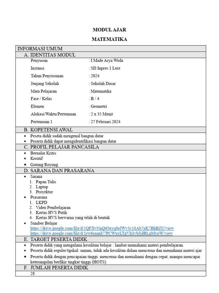 MODUL AJAR Matematika Kelas 4 I Made Arya Weda Salinan | PDF | Karier & Perkembangan