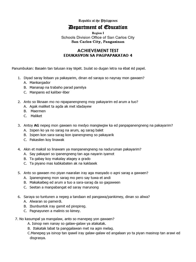Regional Achievement Test: Edukasyon 4 | PDF | Language Arts & Discipline
