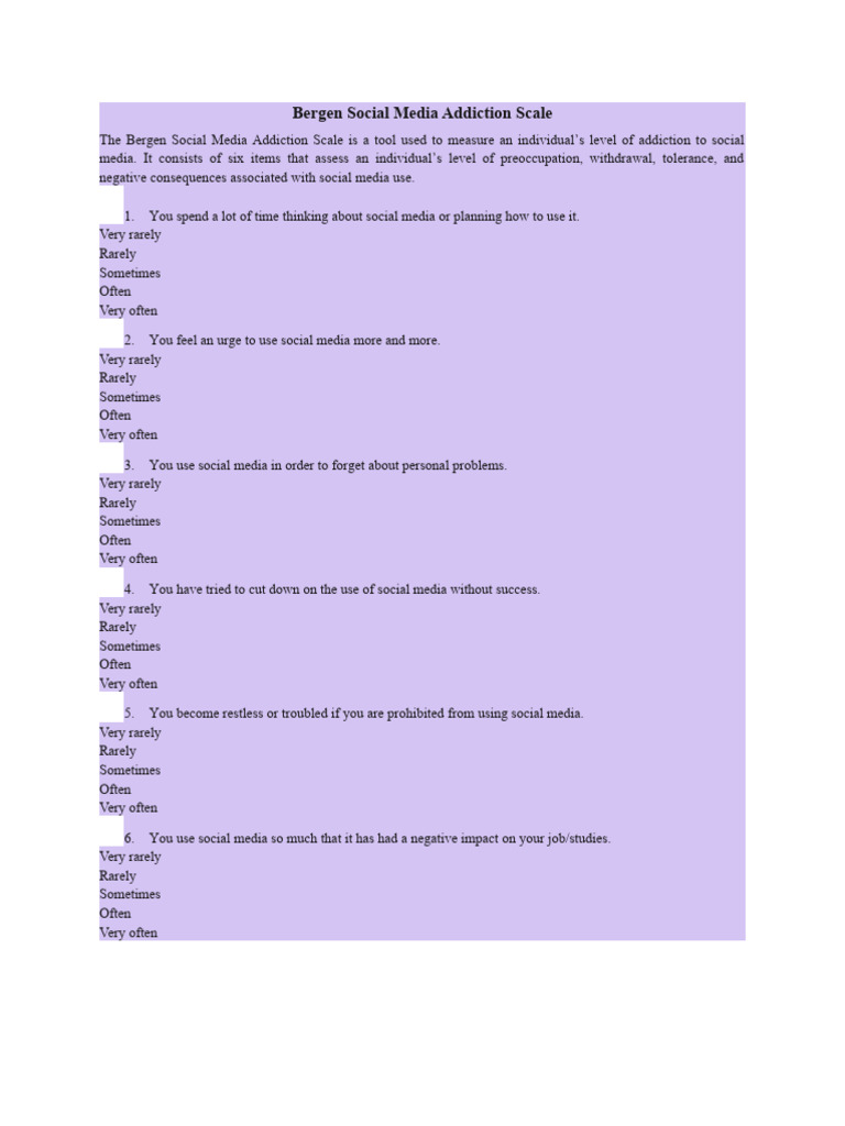Bergen Social Media Addiction Scale (BSMAS) | PDF | Self-Improvement ...