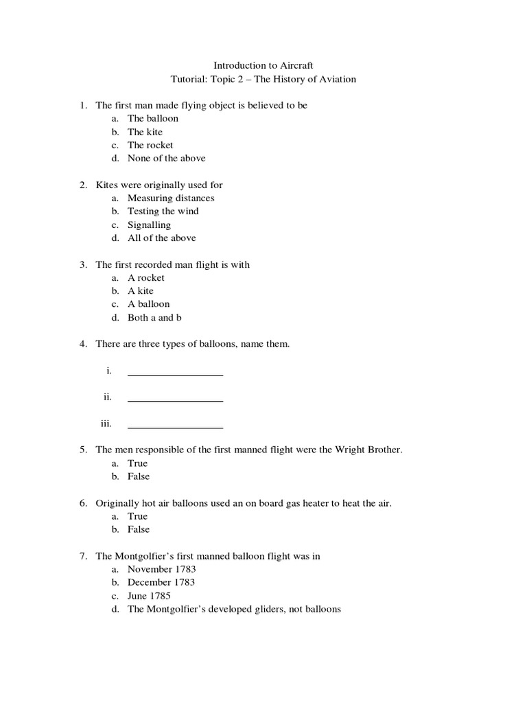 AERO2484 Tut 2A | PDF | Balloon (Aeronautics) | Aircraft