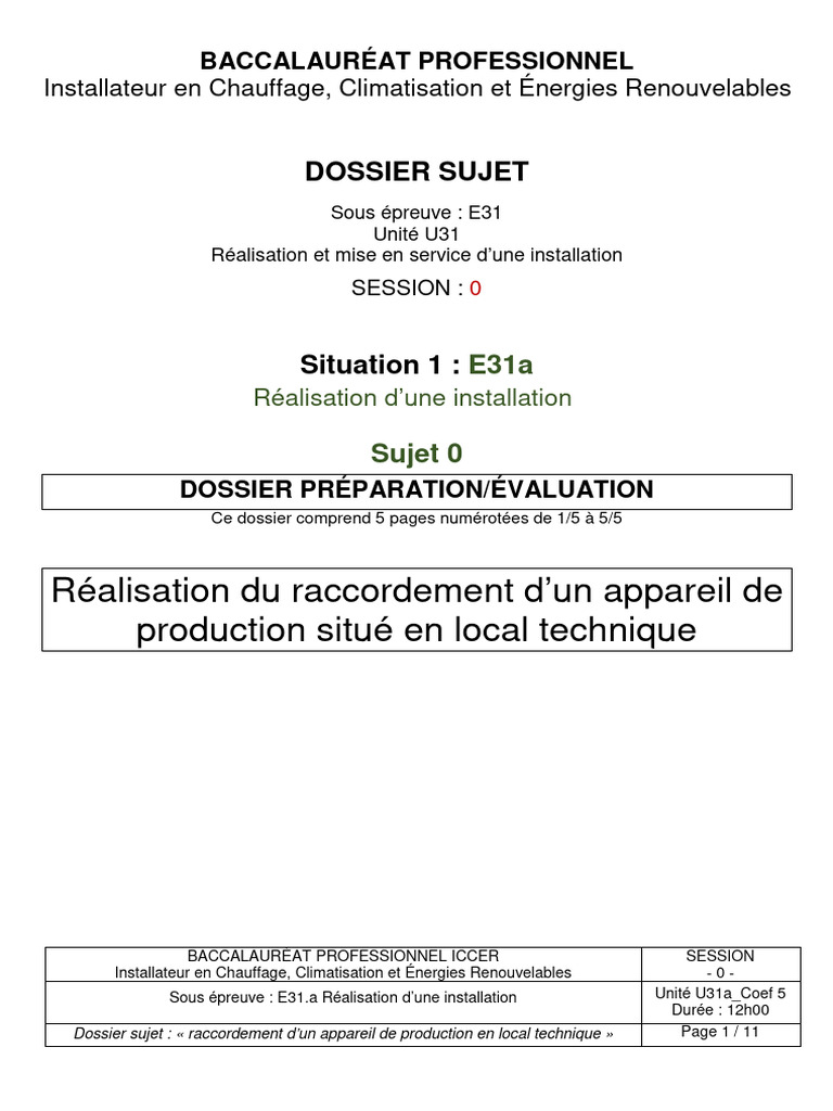 Sujet Bac Pro ICCER : Installation E31a | PDF | Climatisation | Énergie ...