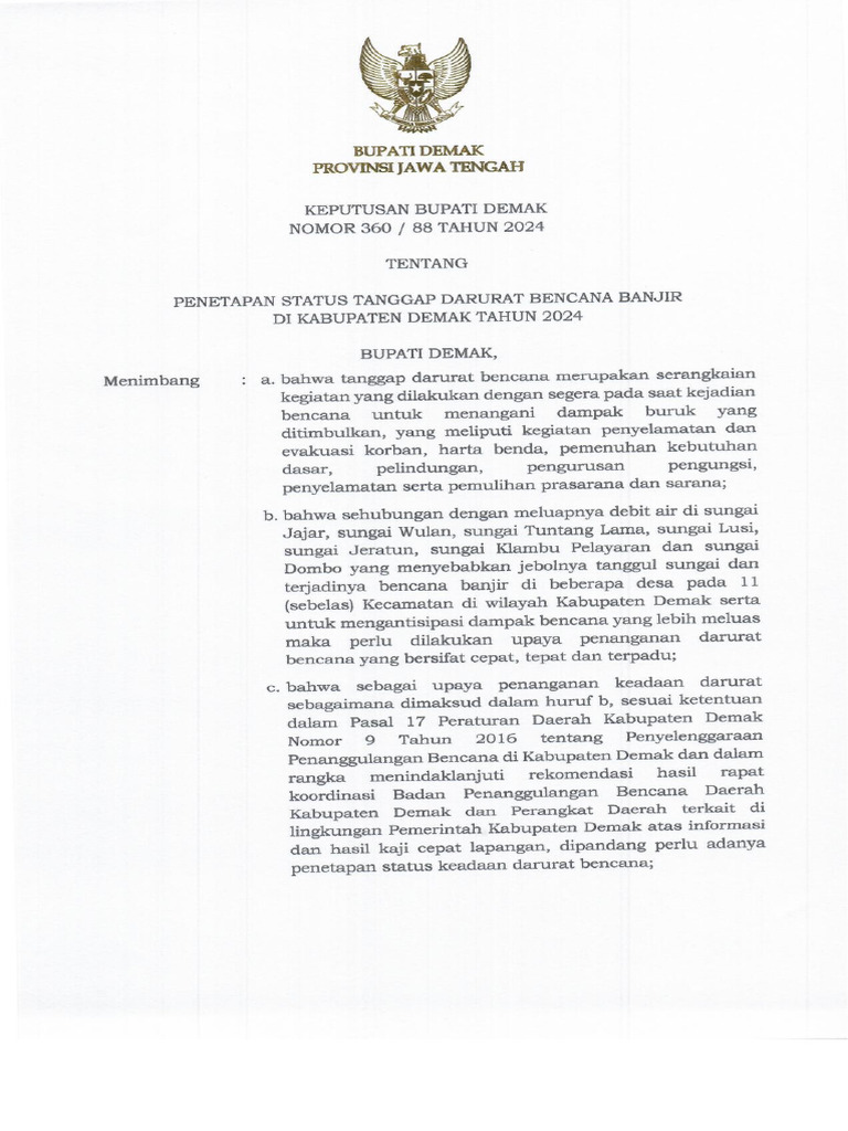 SK Bupati Demak No 360_88 Tahun 2024 ttg Tanggap Darurat Bencana Banjir Maret 2024 | PDF