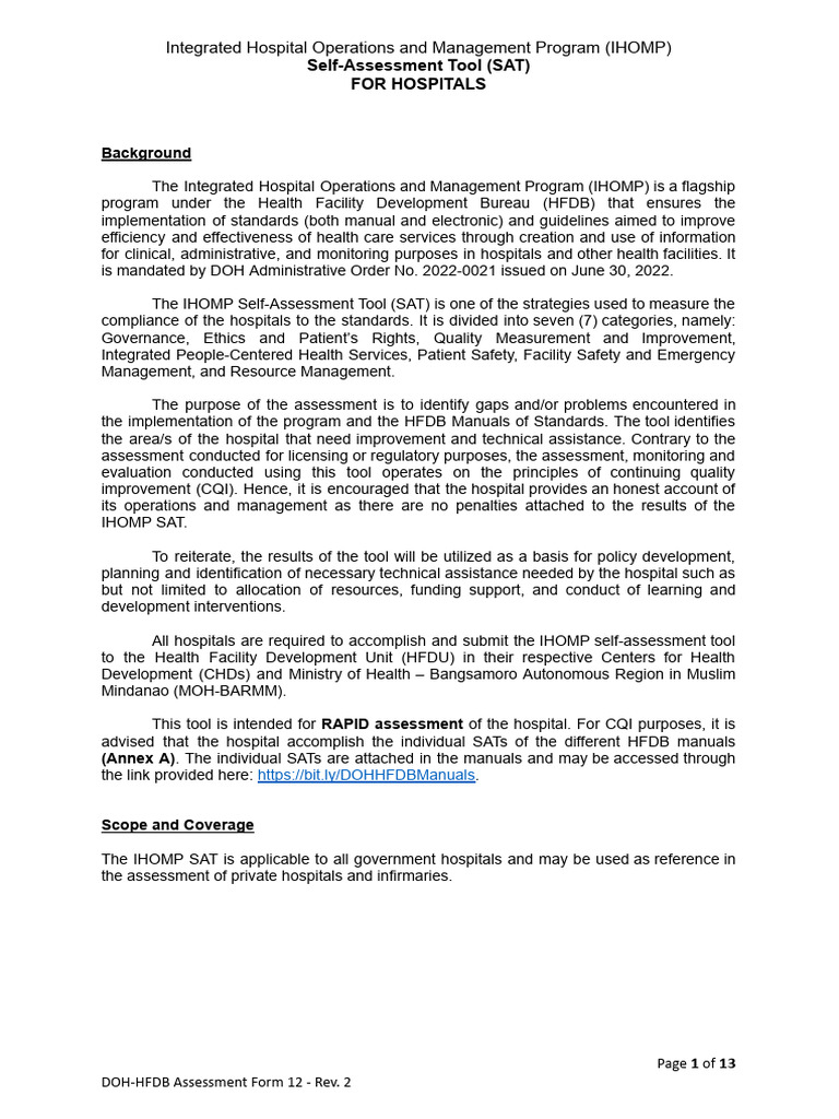 IHOMP Self-Assessment Tool for Hospitals | PDF | Hospital | Patient Safety