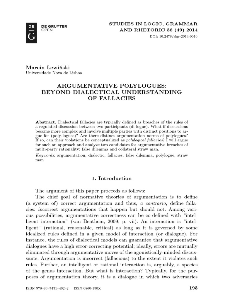 Argumentative Polylogues Beyond Dialecti | PDF | Logic | Fallacy