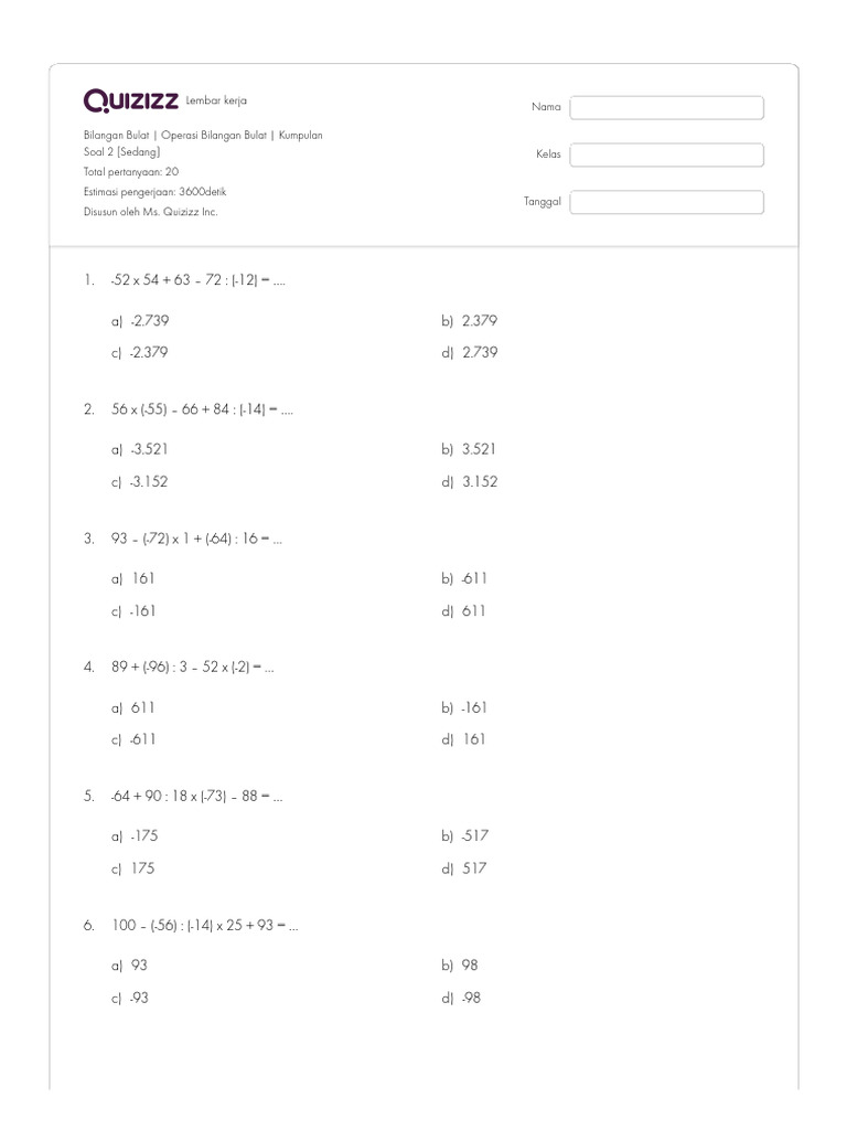 Bilangan Bulat - Operasi Bilangan Bulat - Kumpulan Soal 2 (Sedang ...