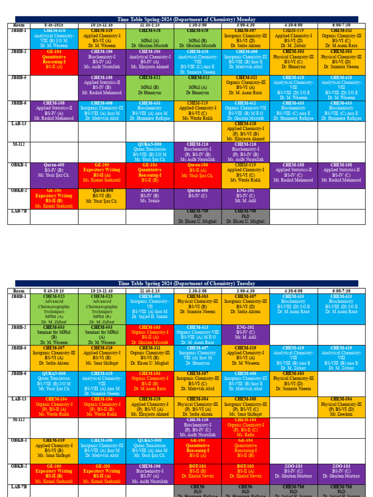 Version 5-Time Table Spring-2024 Department of Chemistry15Mar24 | PDF | Natural Sciences ...