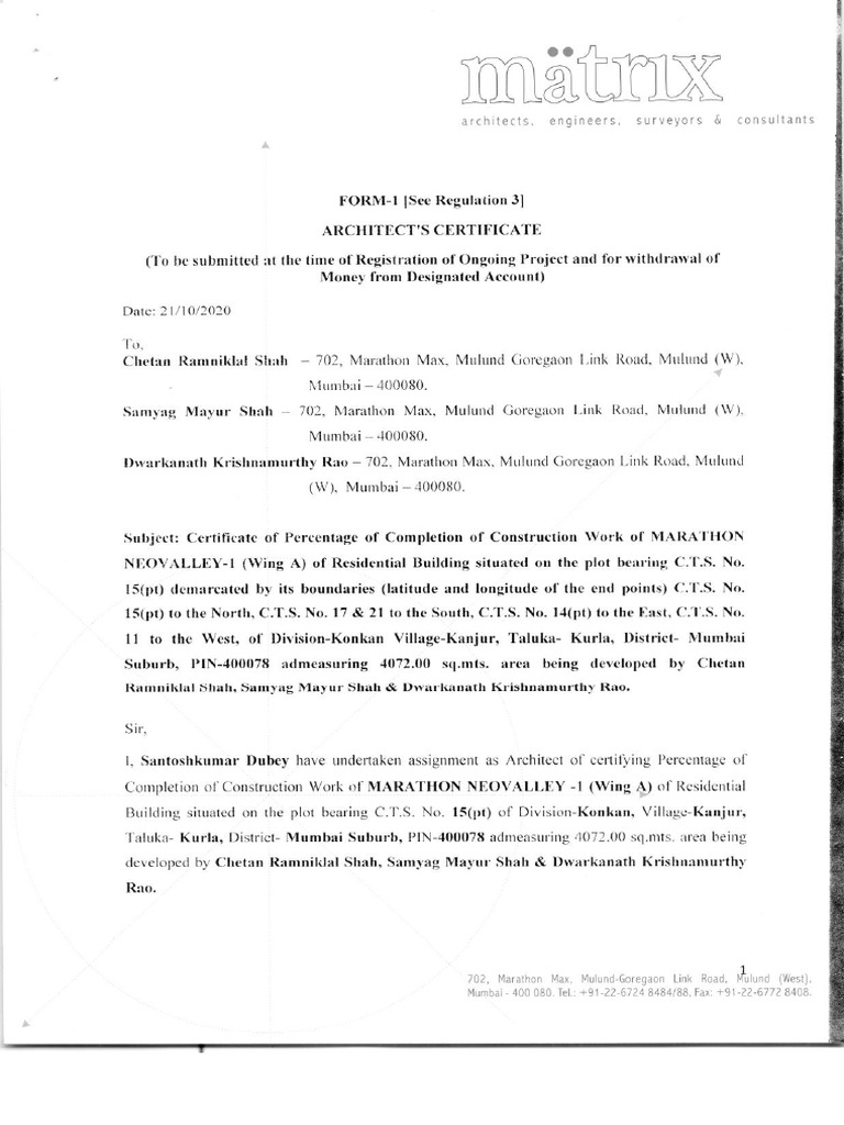 1 Architect's Certificate of Percentage of Completion of Work (Form 1 ...