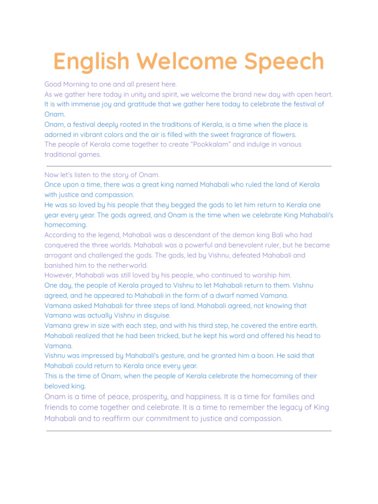 English Welcome Speech-2 Onam | PDF | Hindu Worship | Religious Festivals
