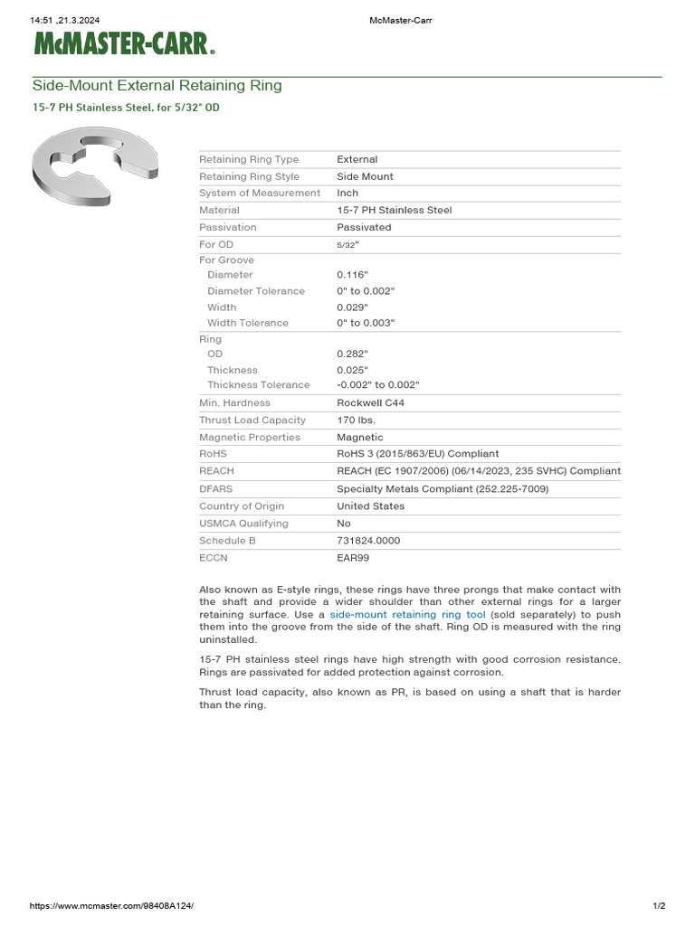 Side-Mount External Retaining Ring: 15-7 PH Stainless Steel, For 5/32 ...