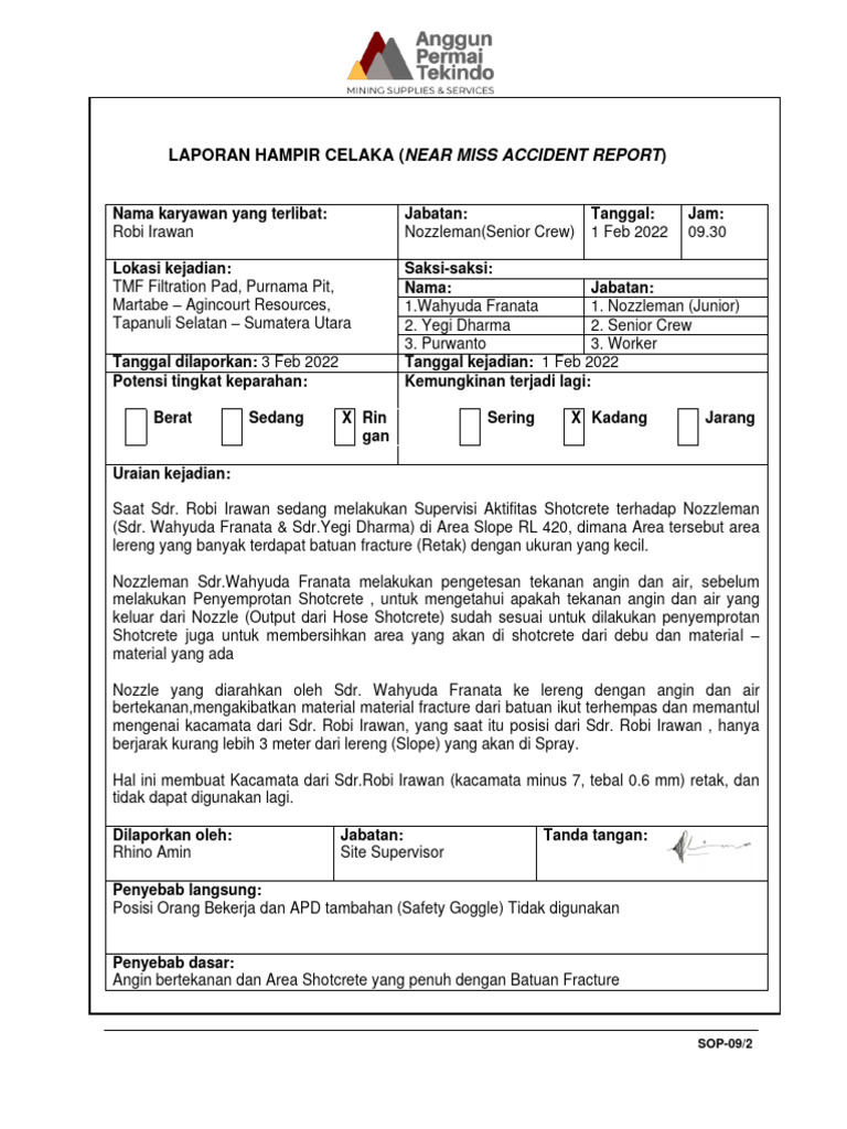 Laporan Near Miss Kecelakaan Kerja | PDF