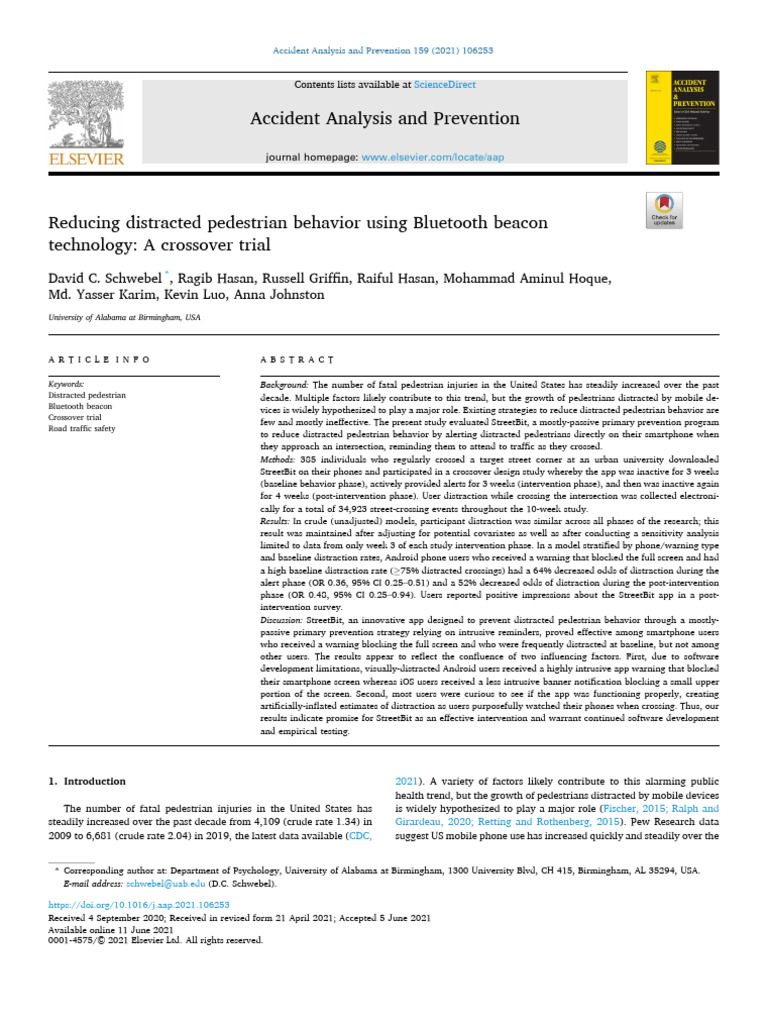 Reducing Distracted Pedestrian Behavior Using Bluetoo - 2021 - Accident Analysis | PDF | Mobile ...