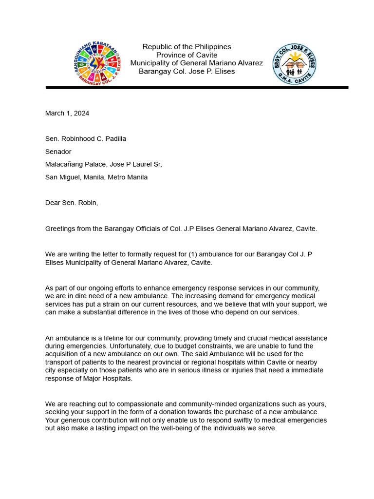 Solicitation Letter For Ambulance | PDF