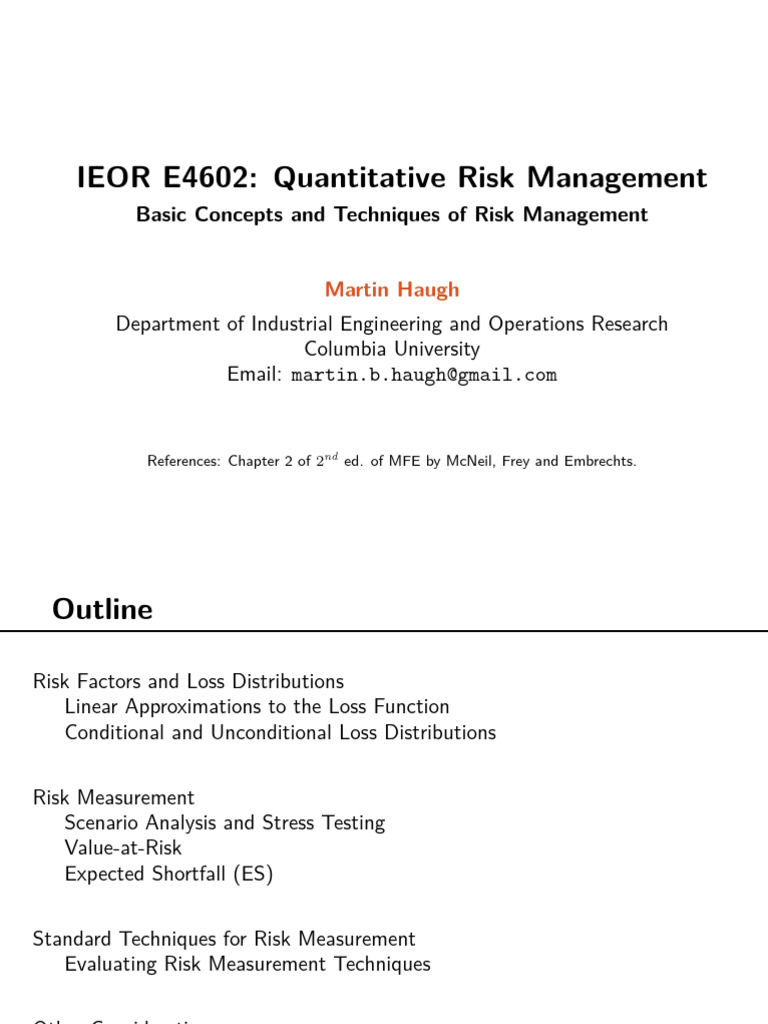 QFRM BasicConceptsMasterSlides | PDF | Greeks (Finance) | Value At Risk