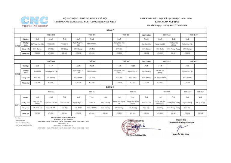 TKB Khoa Hàn HK2 năm học 2023 - 2024 áp dụng từ 26.02.2024 | PDF