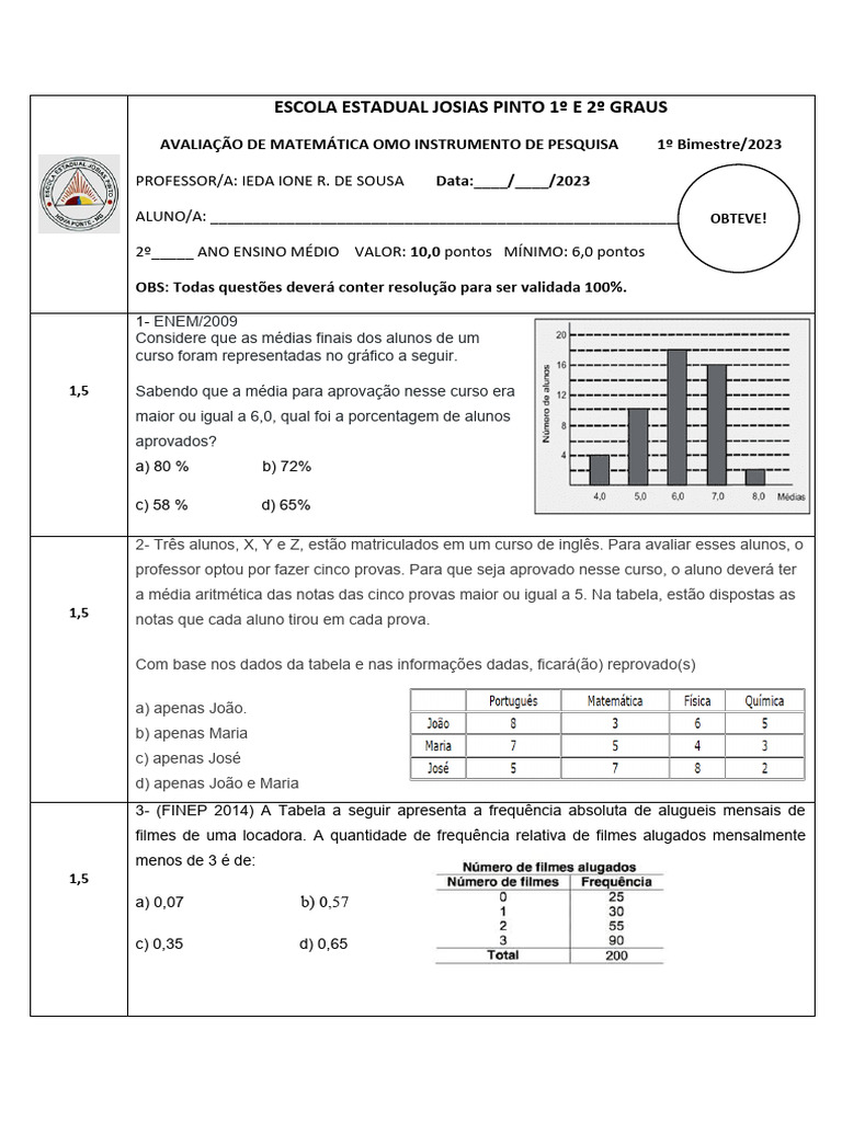 Prova Mat INSTRU 1° Bim | PDF