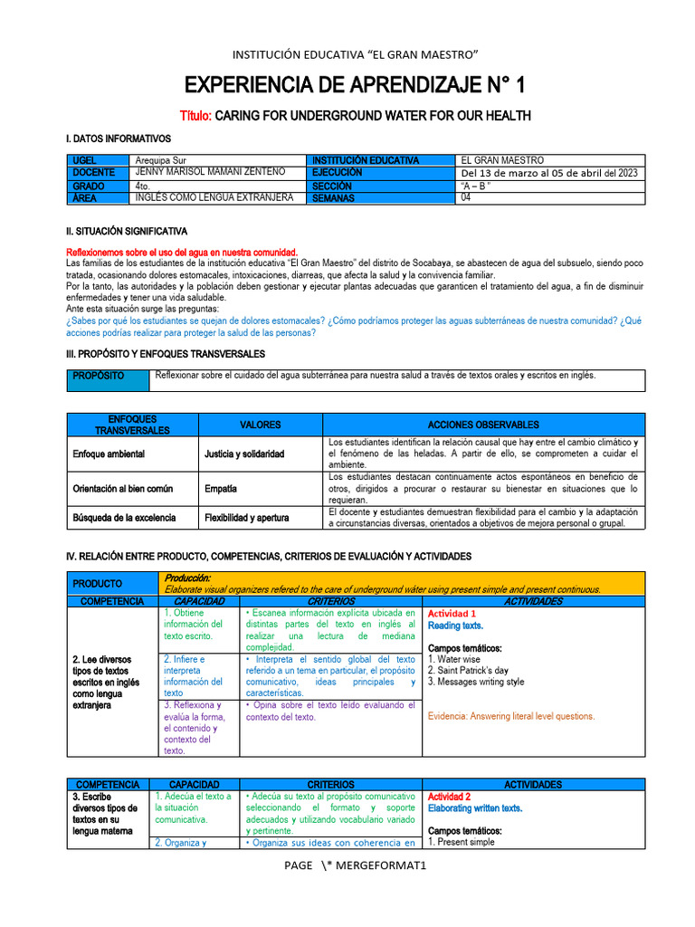 Exp. de Aprend. N°1-4-Ab | PDF | Aprendizaje | Evaluación