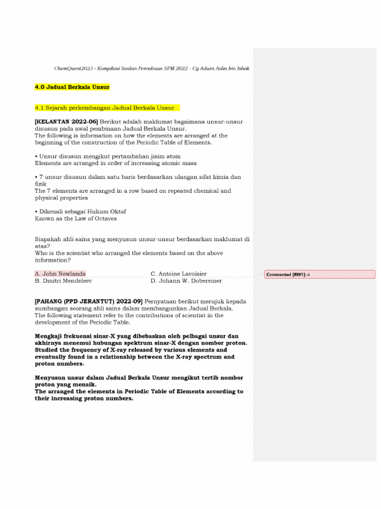 Chemquest2023 Ting 4 Bab 04 Jawapan | PDF