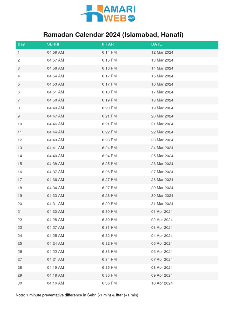 Islamabad Ramadan Calendar 2024 Hamariweb | PDF | Observances Set | Theocracy