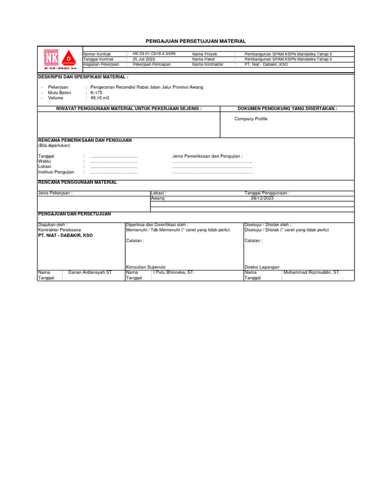 Form Persetujuan Material Reskondisi Jaln Propinsi | PDF