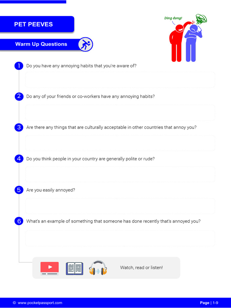 Pet Peeves: Warm Up Questions | PDF | Language Arts & Discipline | Wellness