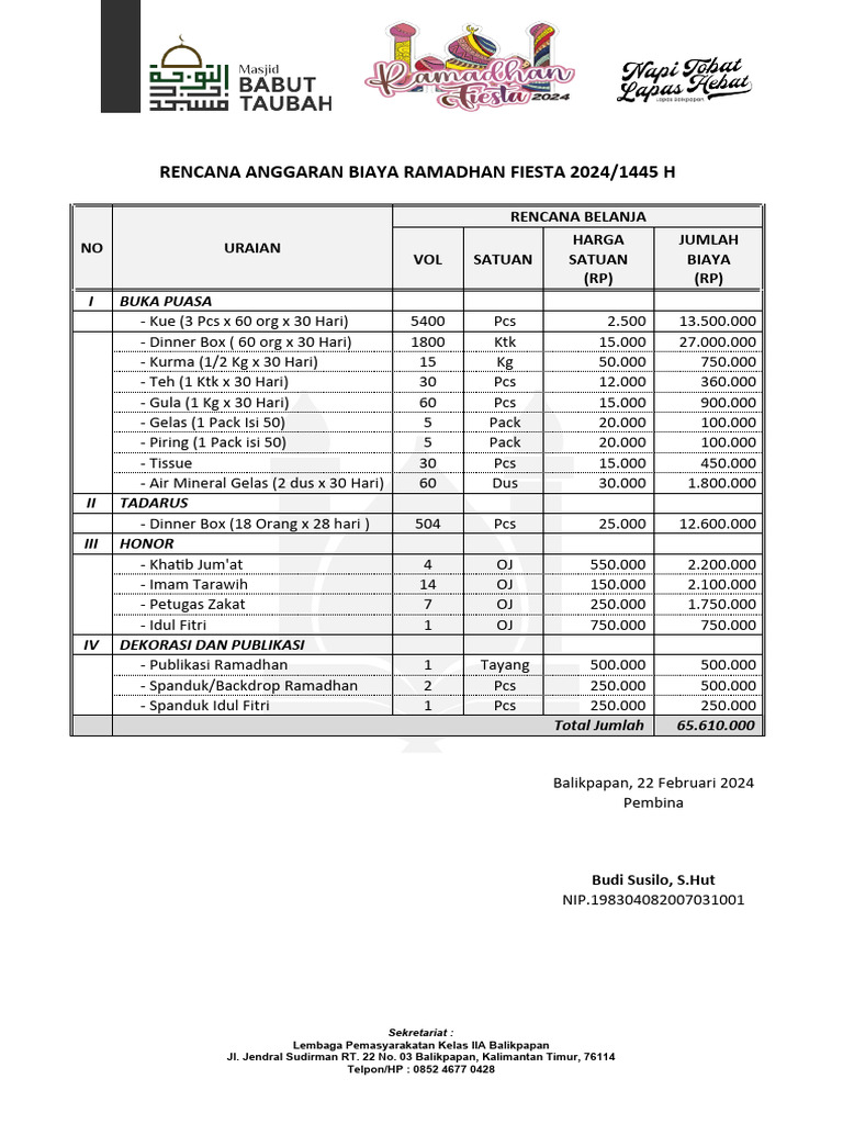 RAB Kegiatan Ramadhan 2024 Balikpapan | PDF