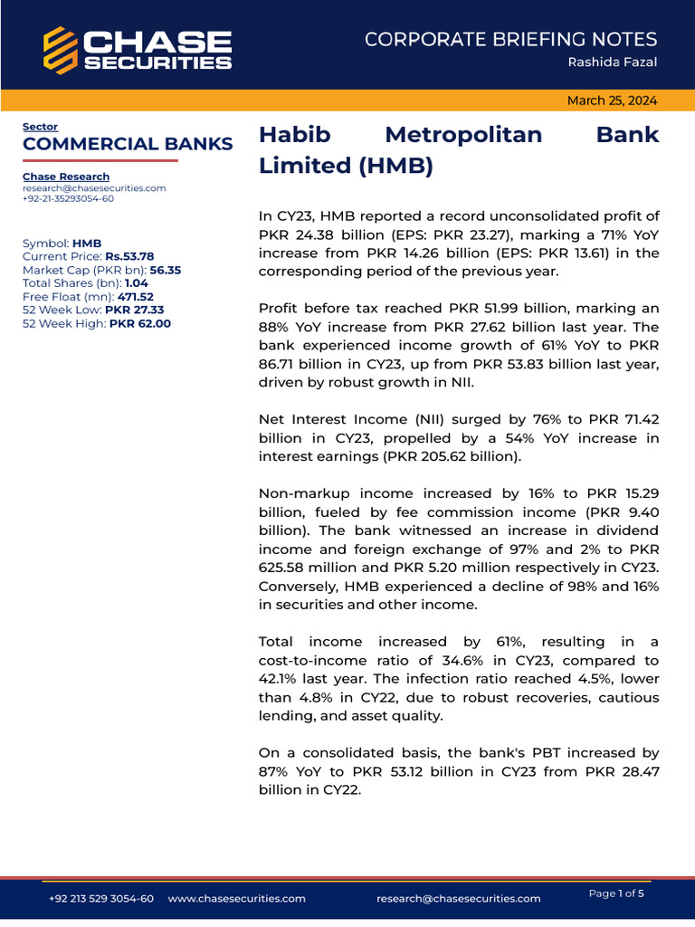 Corporate Briefing Notes - HMB | PDF | Banks | Islamic Banking And Finance