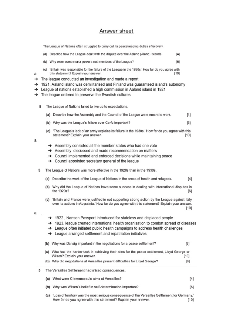 History Answer Sheet | PDF | League Of Nations | Diplomacy