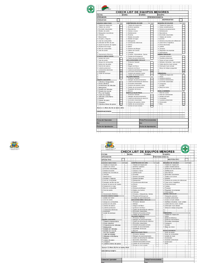 Reporte de Checklist o Preouso de Maquinaria y Equipos | PDF | Bienes ...