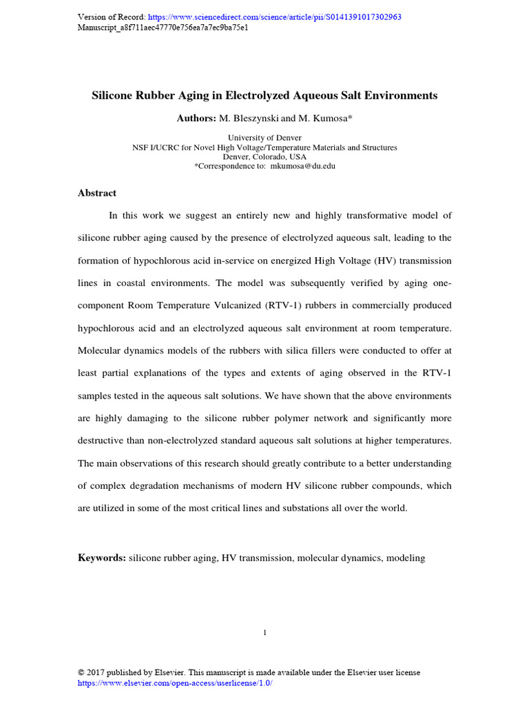 Silicone Rubber Aging in Electrolyzed Aqueous Salt Environments | PDF ...