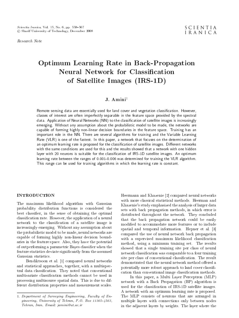 Optimum Learning Rate In Back Propagation Neural Network For Classication Of Satellite Images 