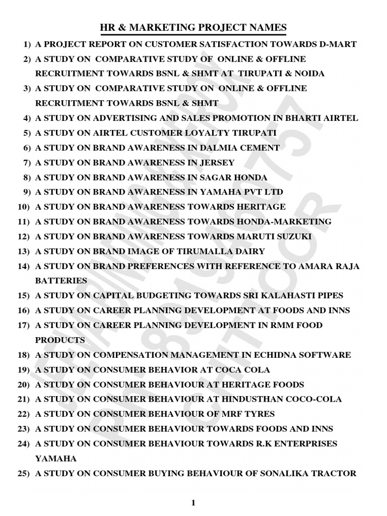 HR HR & MARKETING PROJECT NAMES | PDF | Consumer Behaviour | Employment