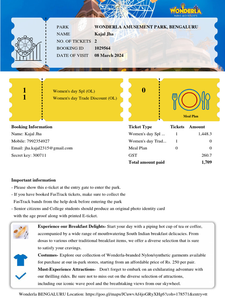 Women's Day Tickets for Wonderla Park | PDF