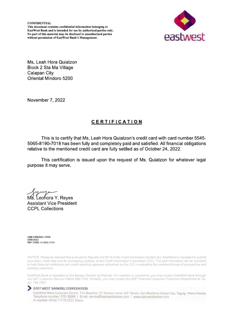 Eastwest Cert of Full Payment | PDF