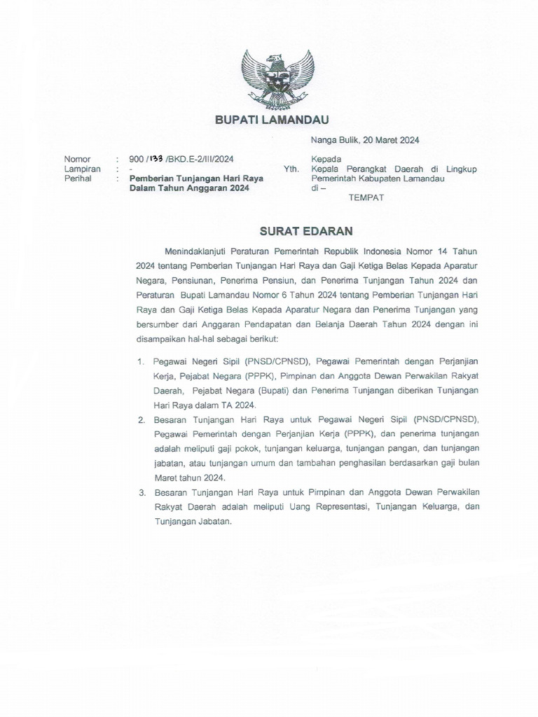 Surat Edaran THR Ta 2024 Revisi | PDF